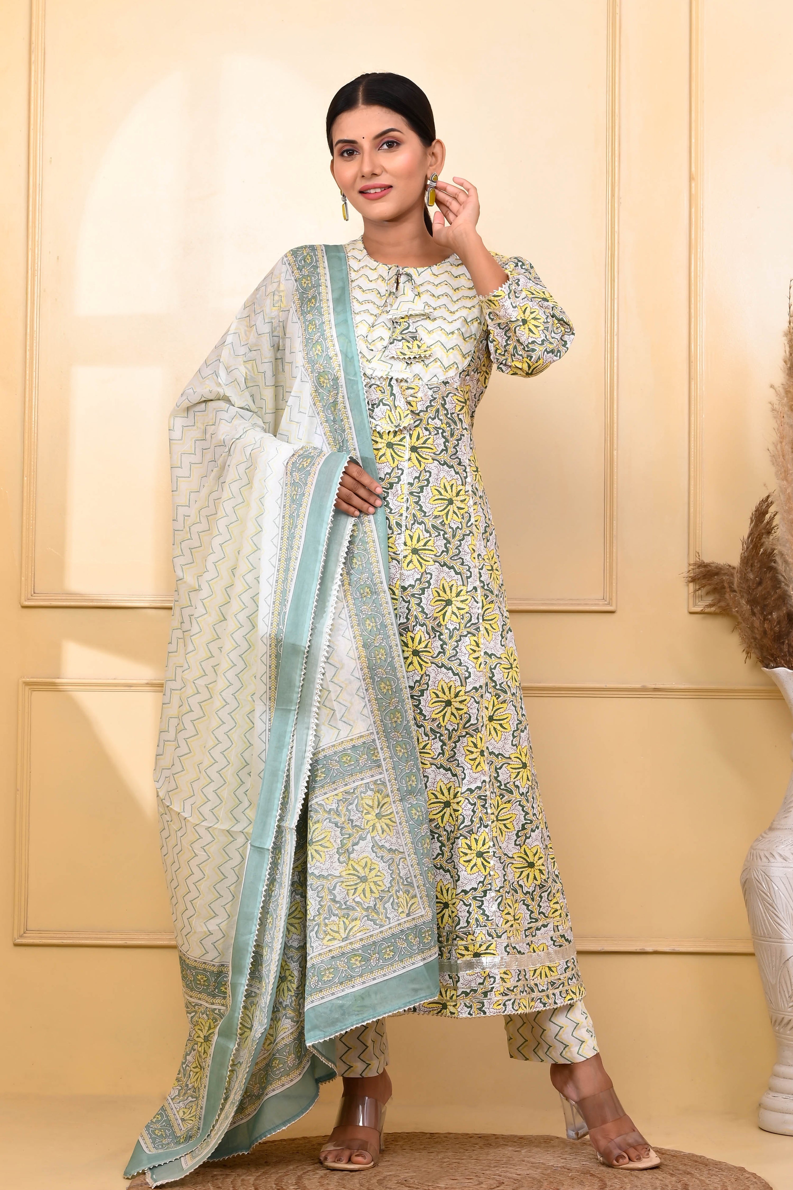 Yellow & Green Floral Umbrella Cut Suit Set - Aastha – Krishaz