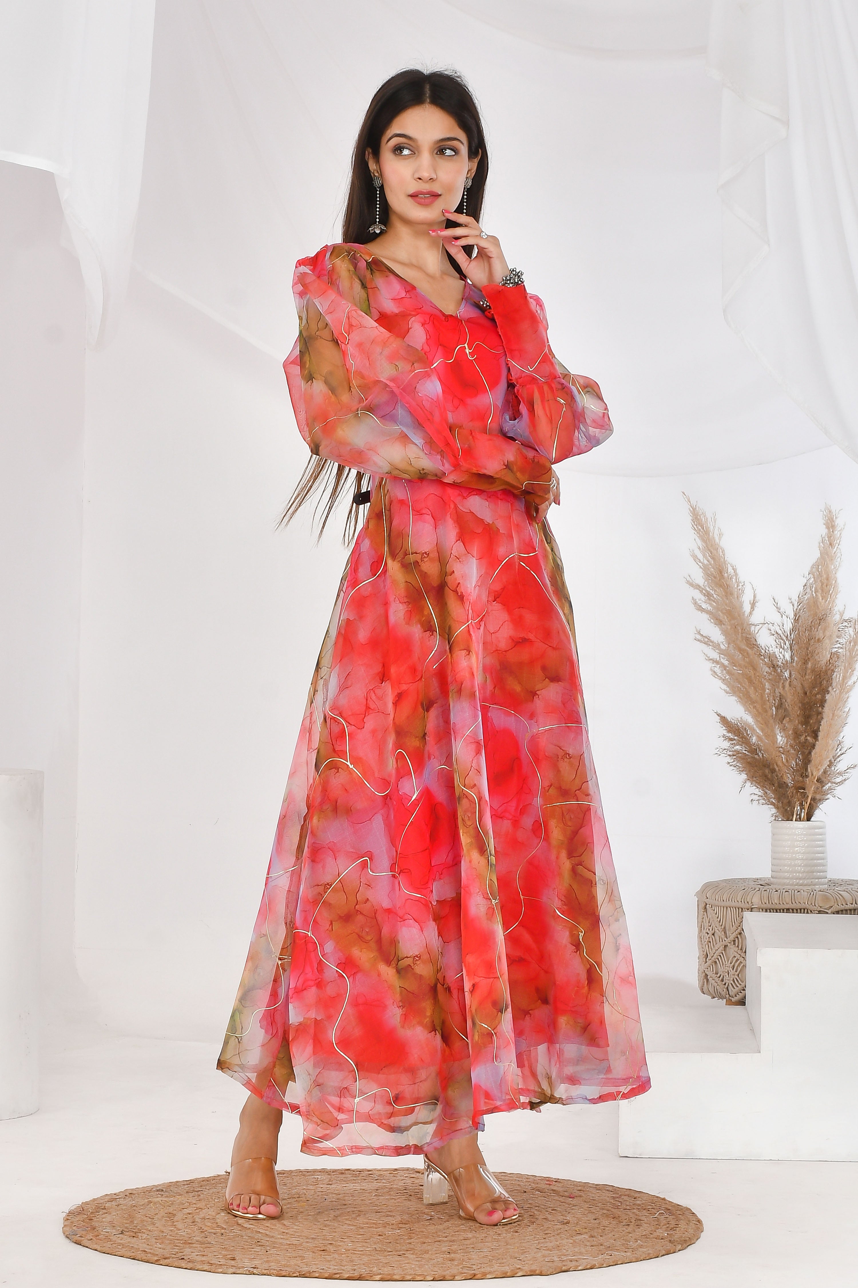 Red Floral Organza suit - Swag – Krishaz